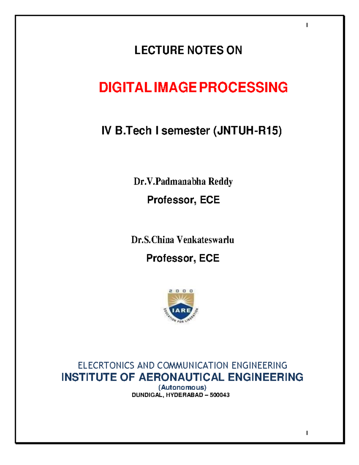 Dip Lecture Notes Dip 1 Lecture Notes On Digital Image Processing Iv B I Semester Jntuh