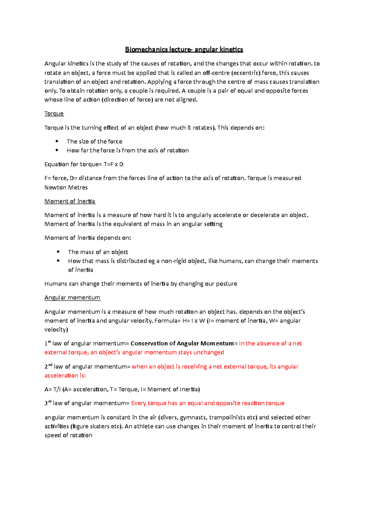 Biomechanics Lecture: Angular Kinetics Overview and Key Concepts - Studocu