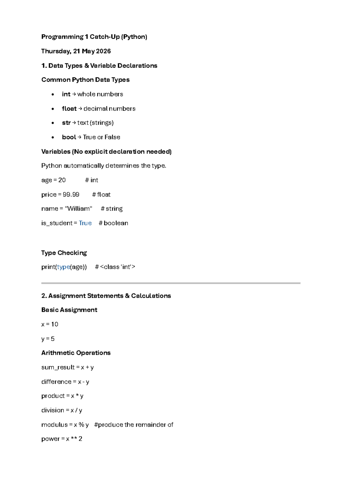 Programming 1 Catch-Up (Python) - Data Types & Control Structures - Studocu
