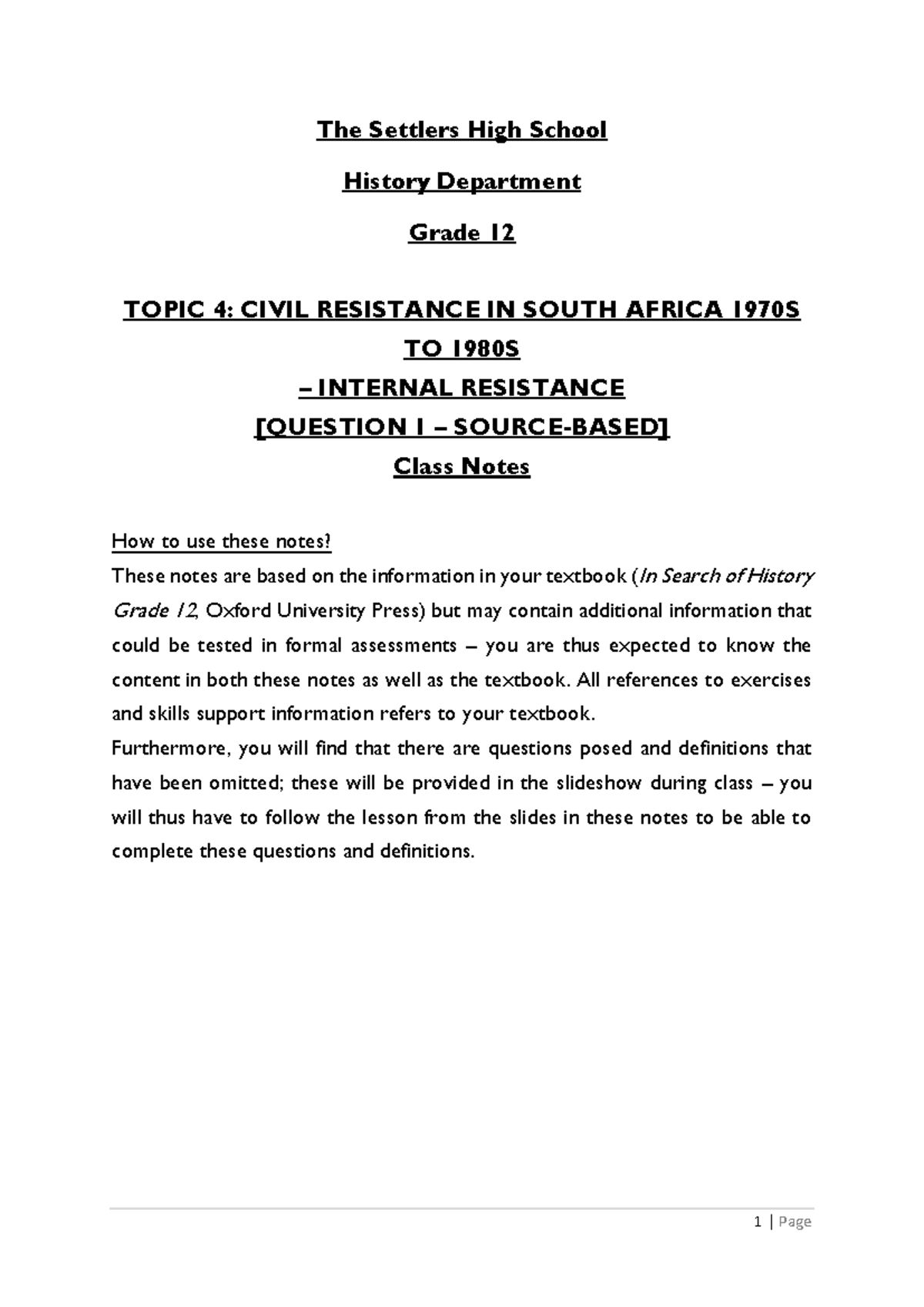 Grade 12 History Class Notes: Civil Resistance in South Africa (1970s ...