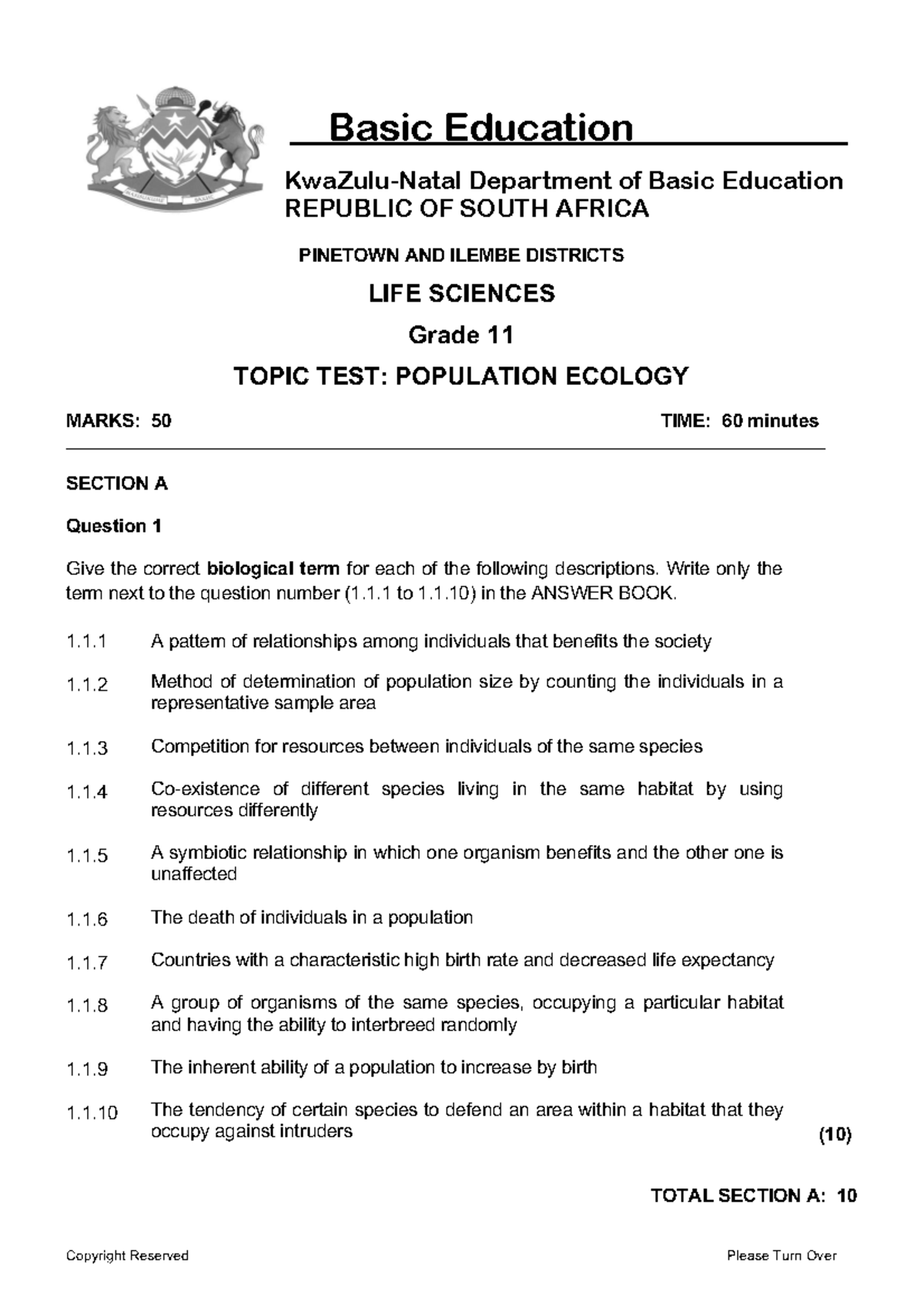 Grade 11 Life Sciences Test: Population Ecology (50 Marks) - Studocu