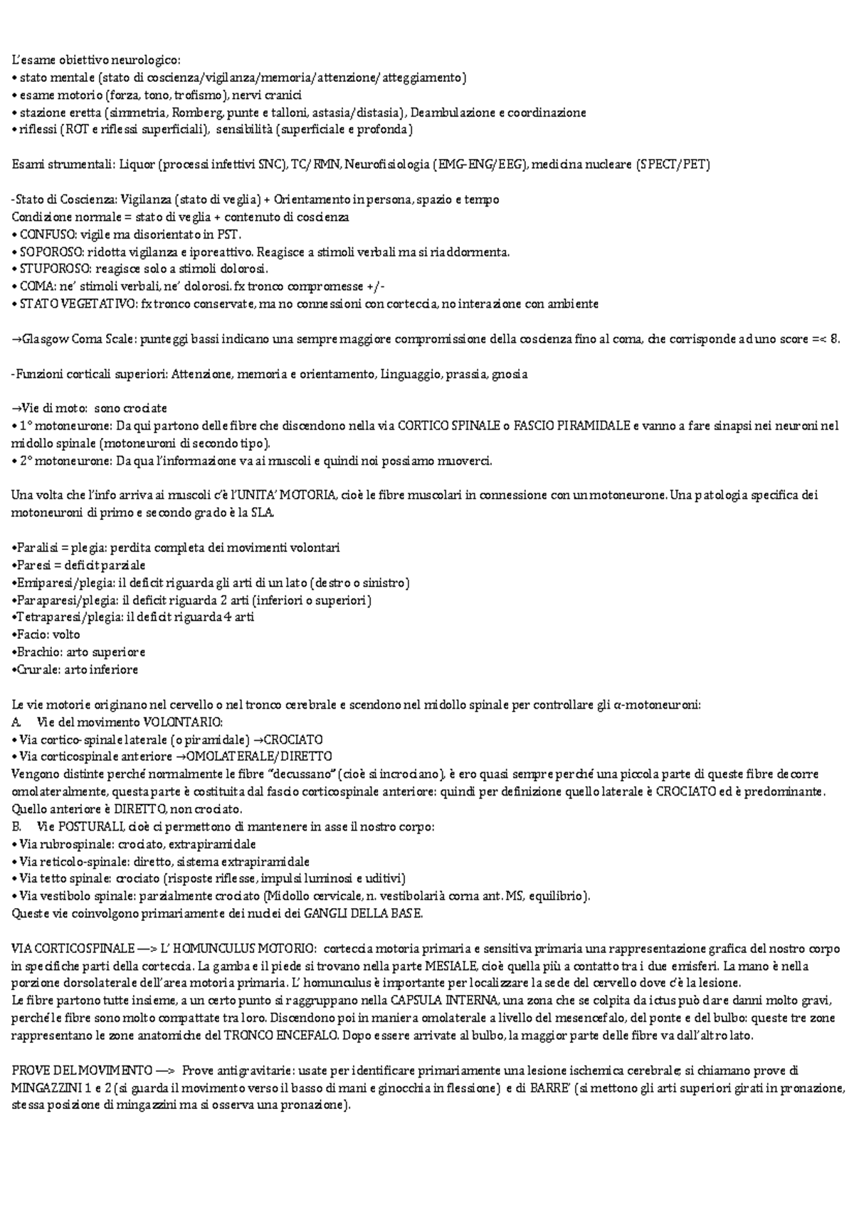 Esame Obiettivo Neurologico - Appunti di Neurologia - Studocu