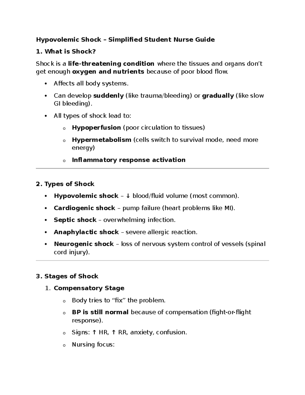 Hypovolemic Shock: A Simplified Guide for Nursing Students - Studocu