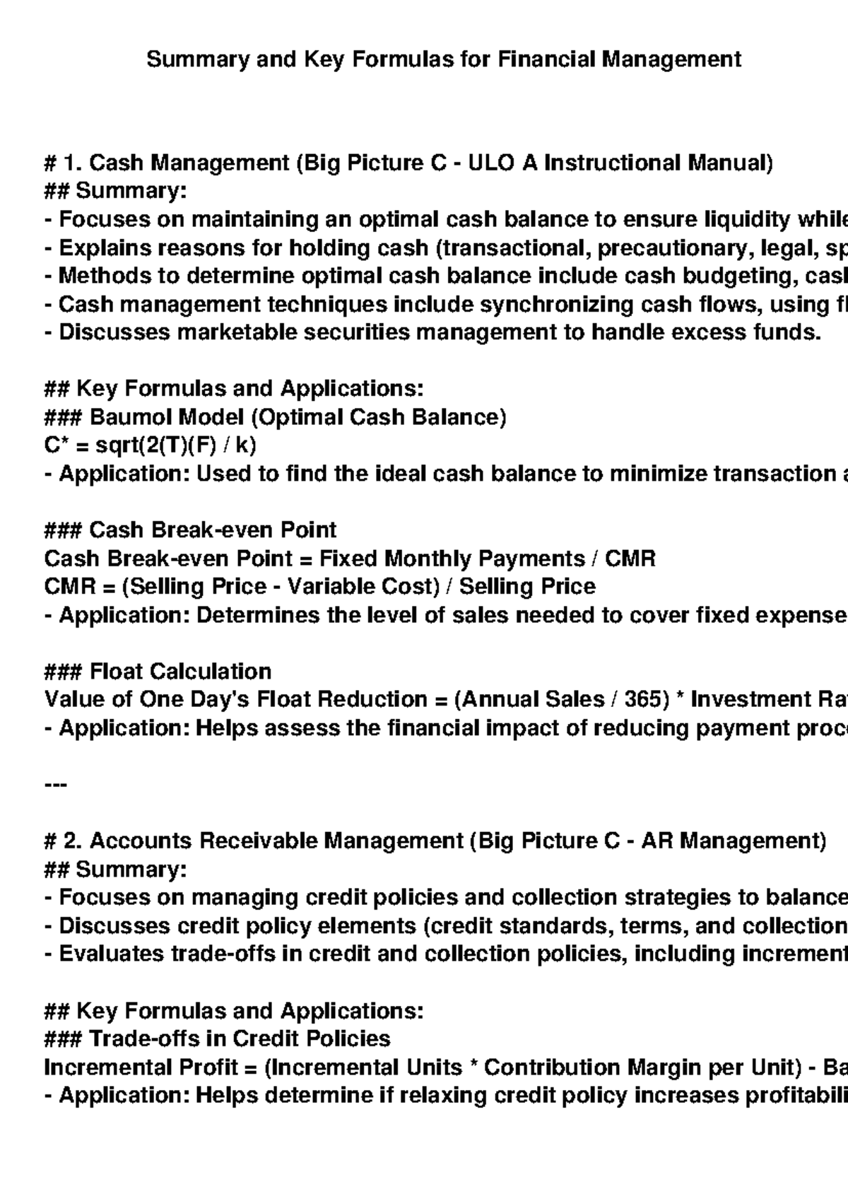 Financial Management Key Formulas Summary (FM 101) - Studocu