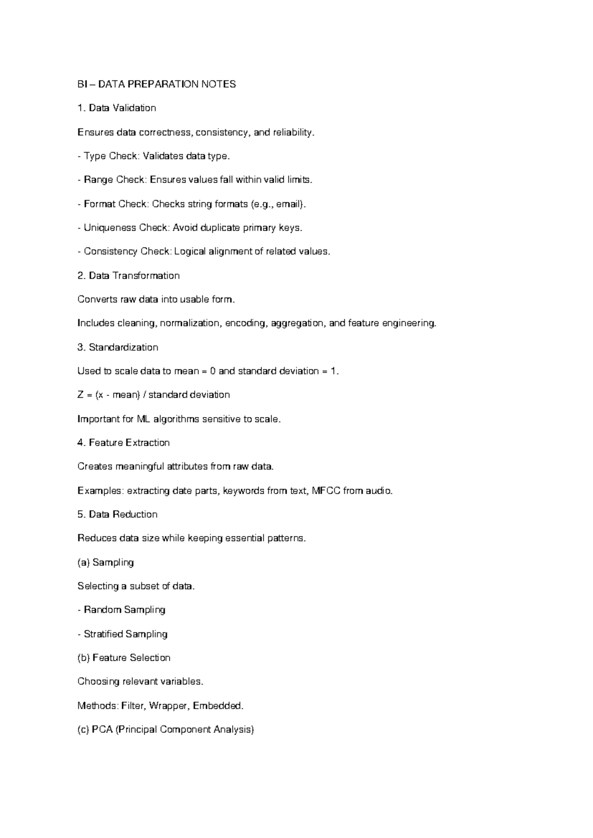 BI DATA PREP NOTES: Validation, Transformation & Reduction - Studocu