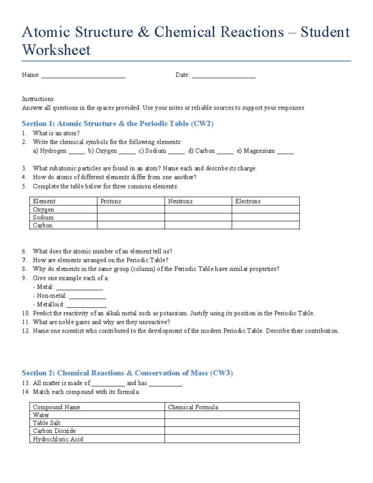 Periodic Table Of Elements Chemical Reactions Worksheet With Answers ...