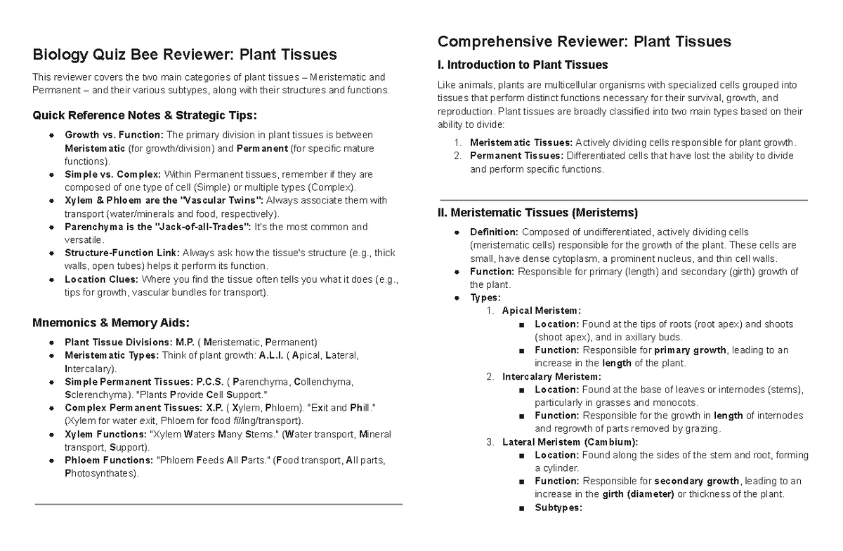 Biology Quiz Bee Reviewer: Plant Tissues for SHS Students - Studocu