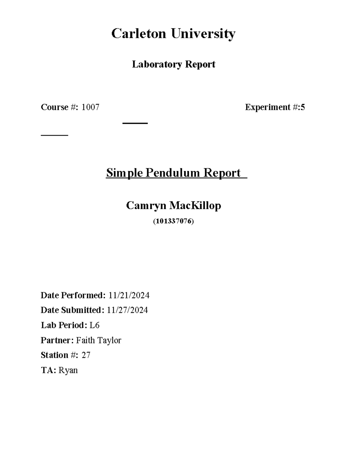 Laboratory Report: Simple Pendulum Experiment (Course 1007) - Studocu