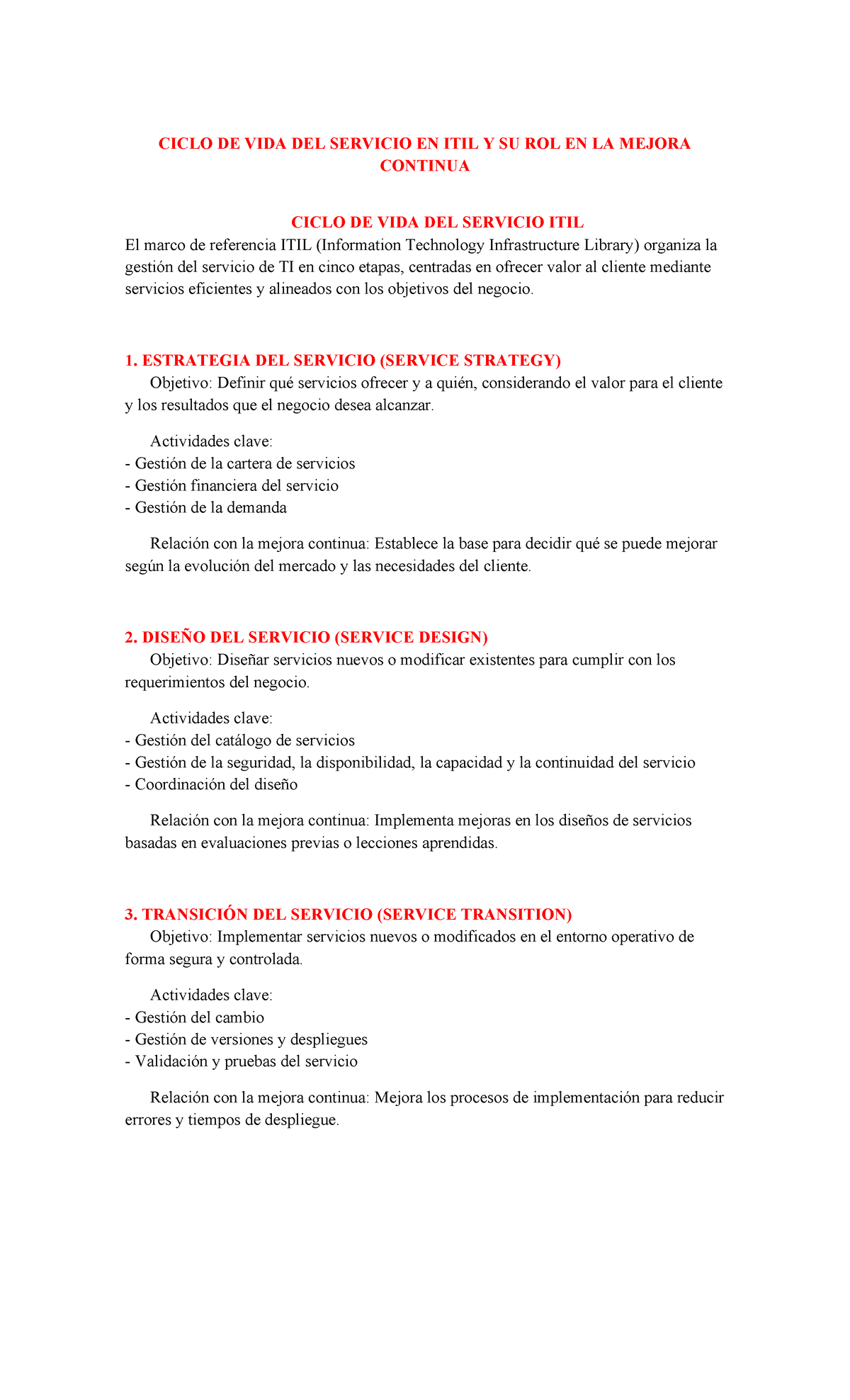CICLO DE VIDA DEL SERVICIO EN ITIL Y MEJORA CONTINUA: RESUMEN - Studocu
