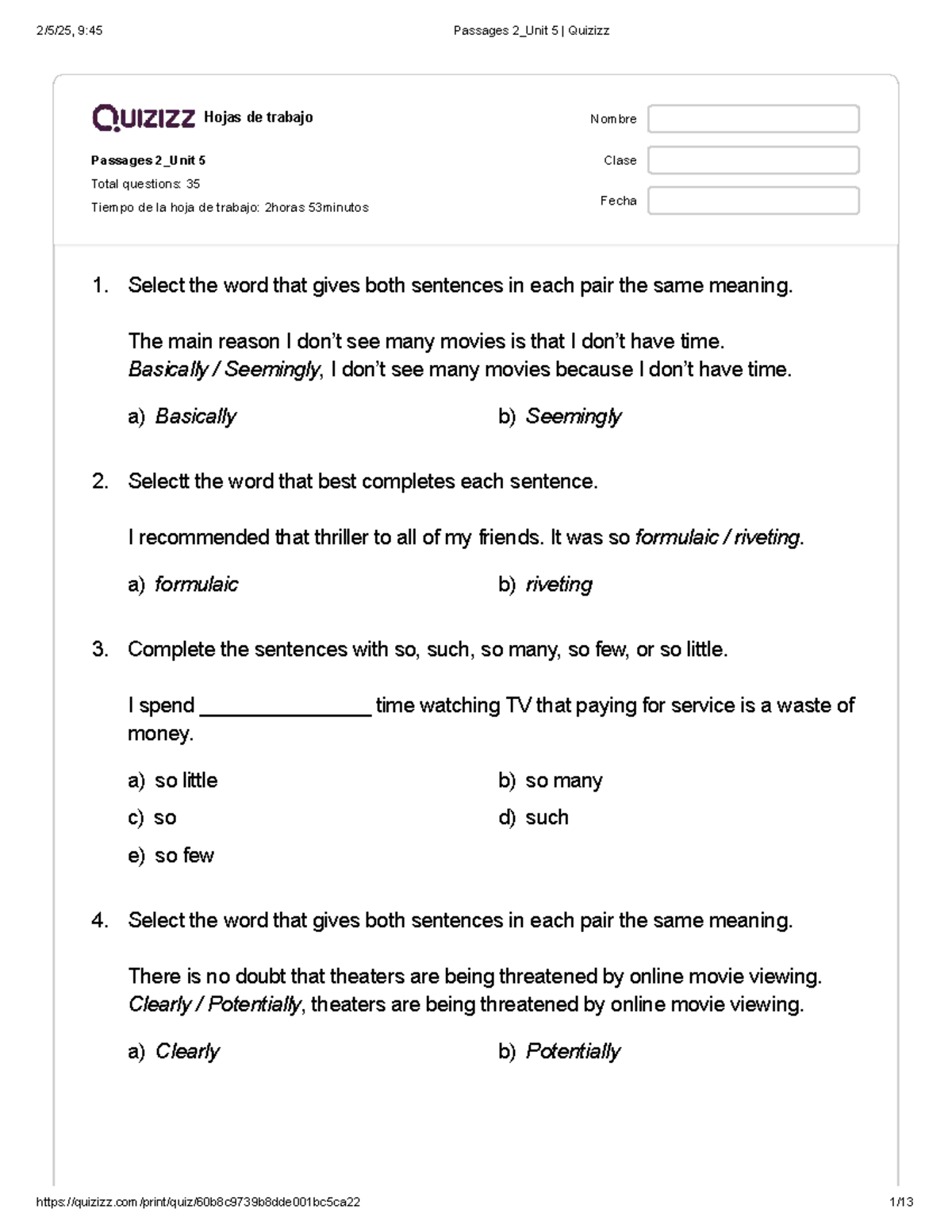 Passages 2 Unit 5 Quizizz: Comprehensive Review and Practice - Studocu