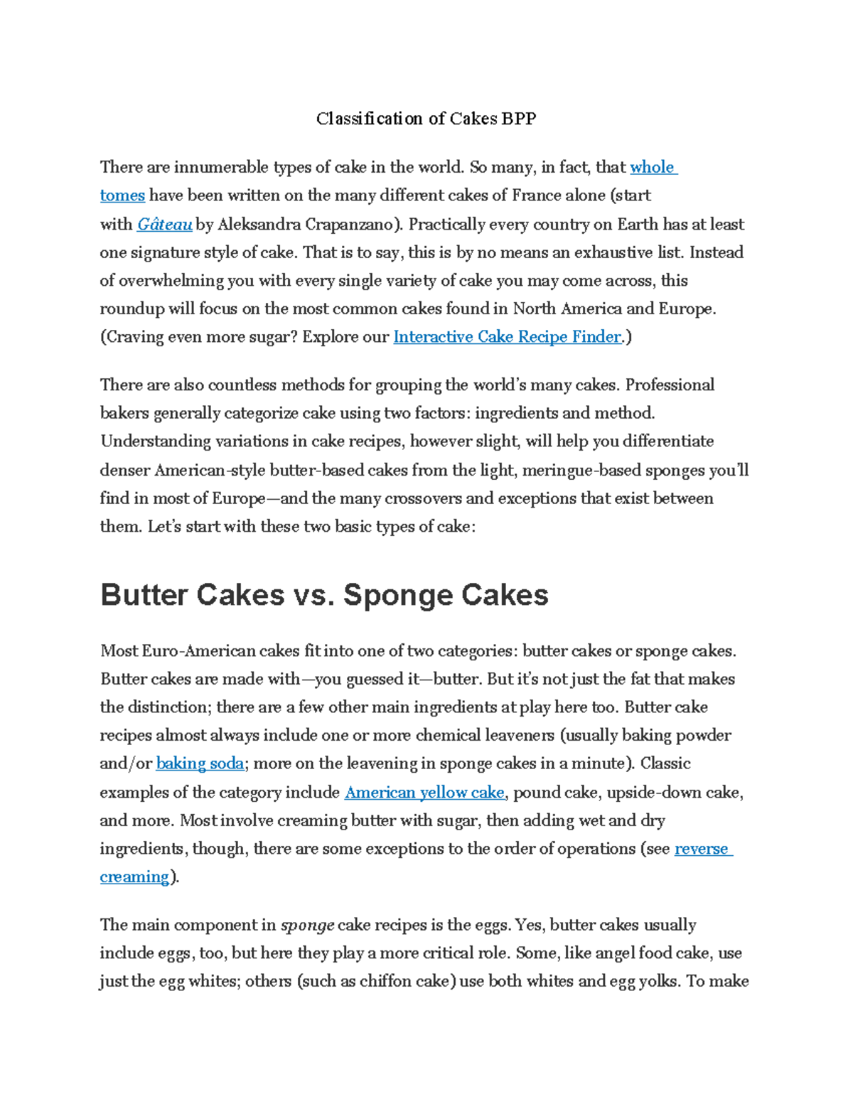 Types and Classification of Cakes BPP: Butter vs. Sponge Cakes - Studocu