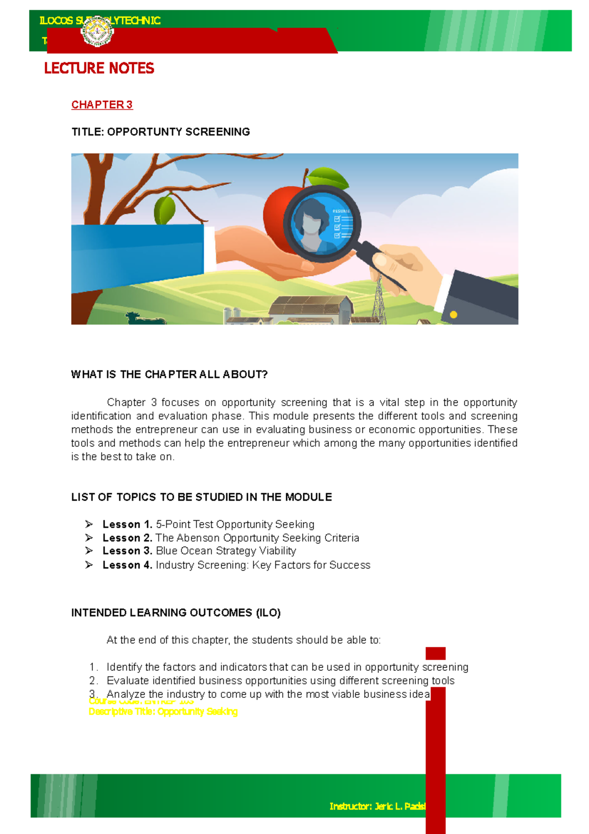 ENTREP 103 Lecture Notes: Chapter 3 - Opportunity Screening Insights ...