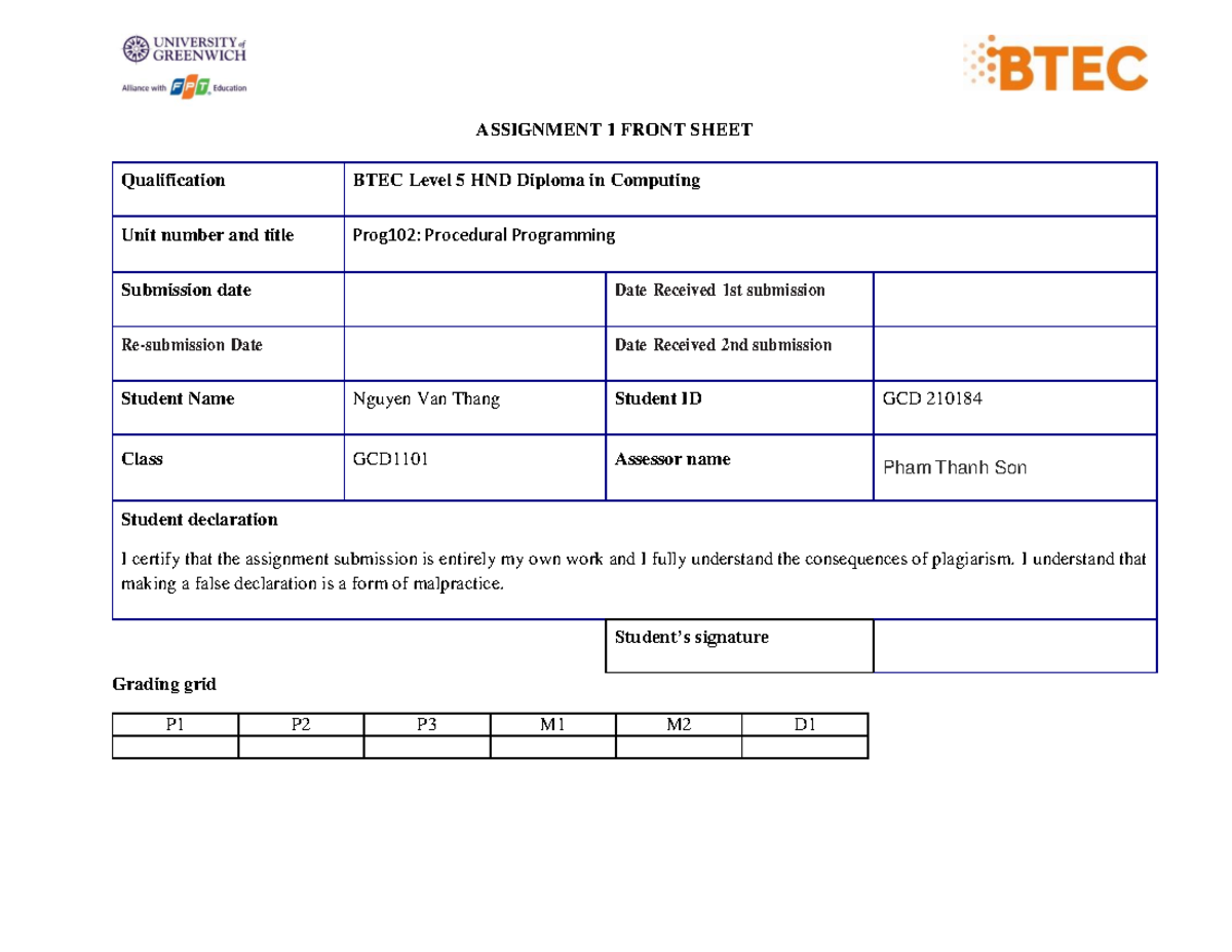 Prog102 - Assignment 1 frontsheet FULL - ASSIGNMENT 1 FRONT SHEET Qualification BTEC Level 5 HND ...