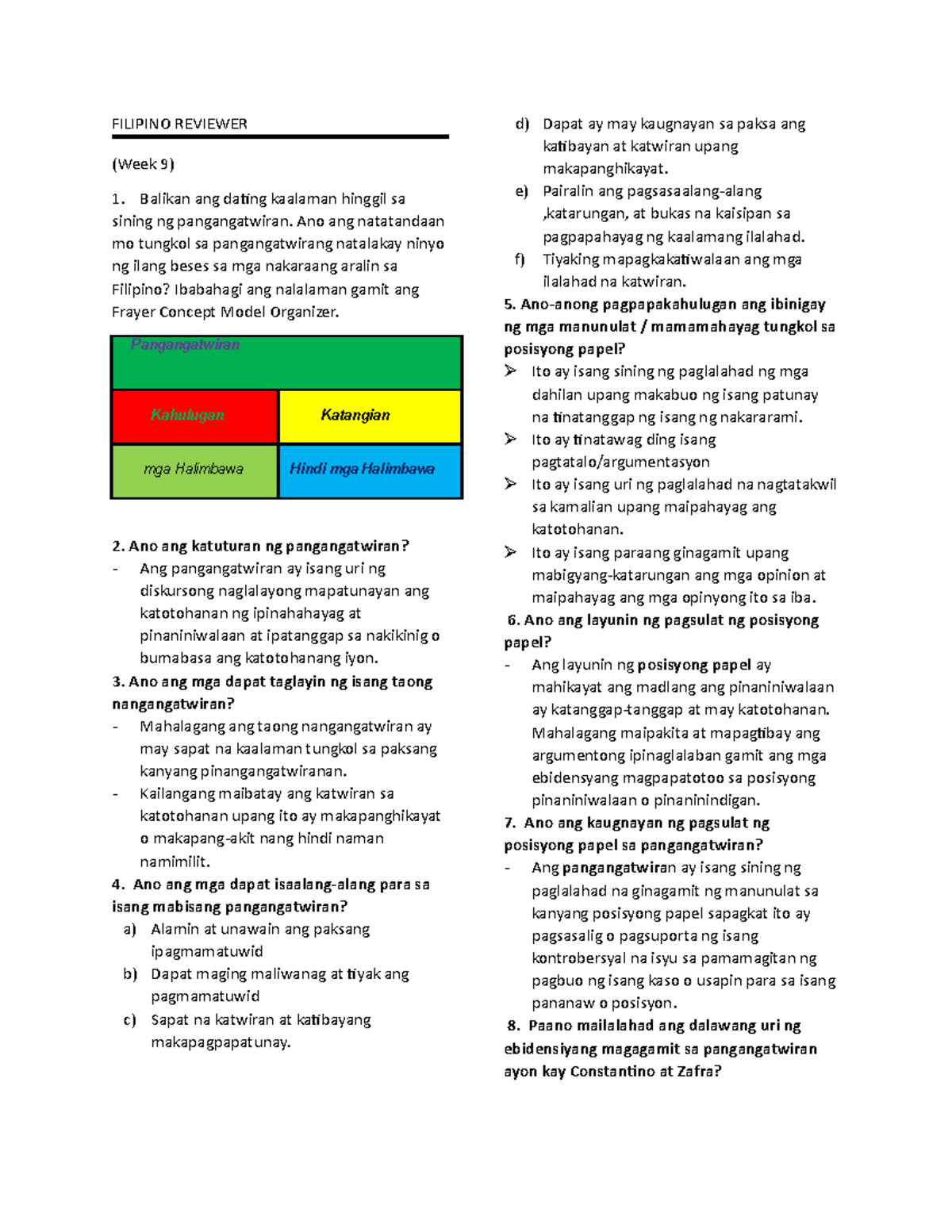 Filipino- Position Paper - FILIPINO REVIEWER (Week 9) Balikan ang ...