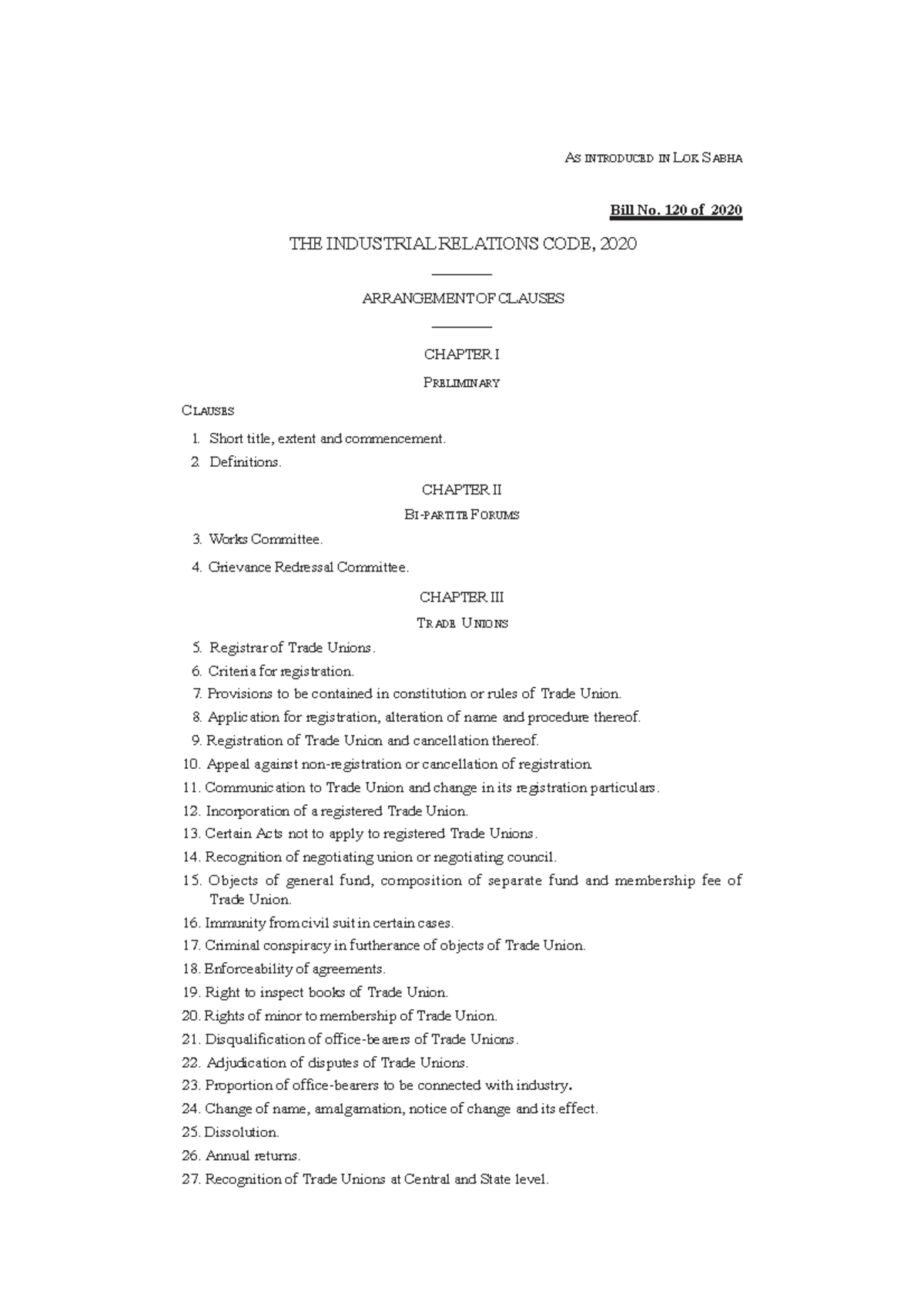 Industrial Relations Code, 2020: Key Provisions and Clauses - Studocu