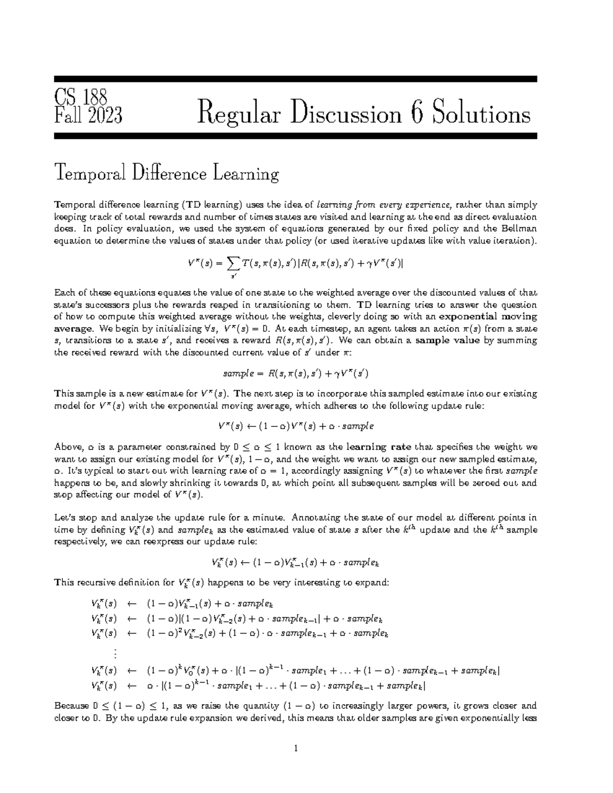CS 188 Fall 2023 Disc 6: Temporal Difference Learning Solutions - Studocu