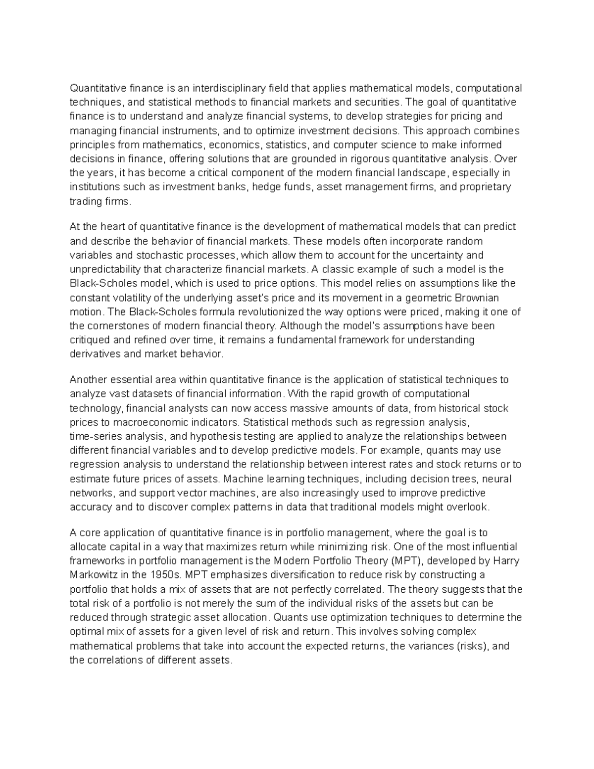 Quantitative Finance Essay: Key Concepts and Models in Analysis - Studocu