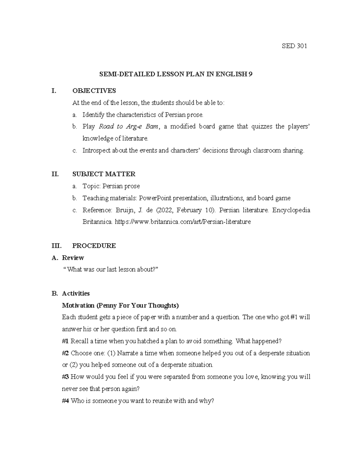 SEMI- Detailed Lesson PLAN - SED 301 SEMI-DETAILED LESSON PLAN IN ...