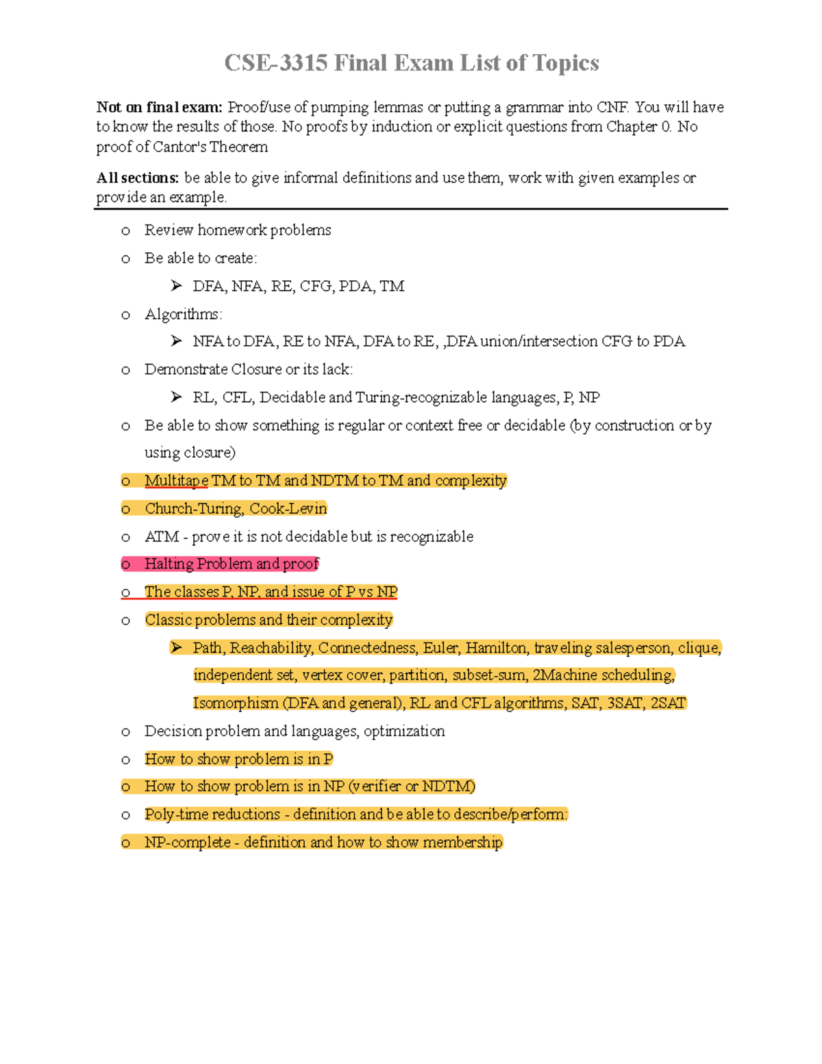 CSE-3315 Final Exam List of Topics - You will have to know the results ...