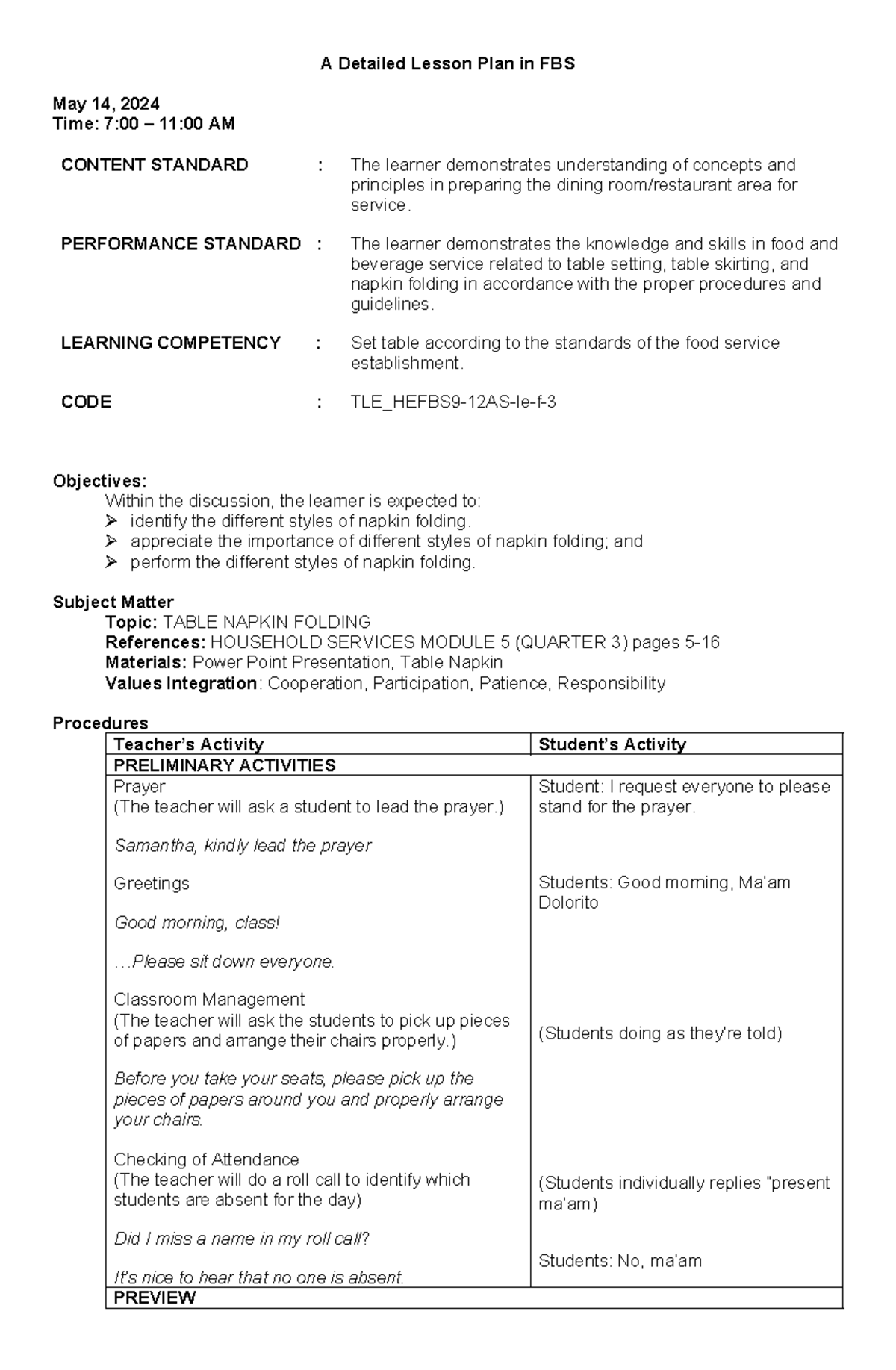 FBS Lesson Plan: Napkin Folding Techniques & Table Setting Skills - Studocu