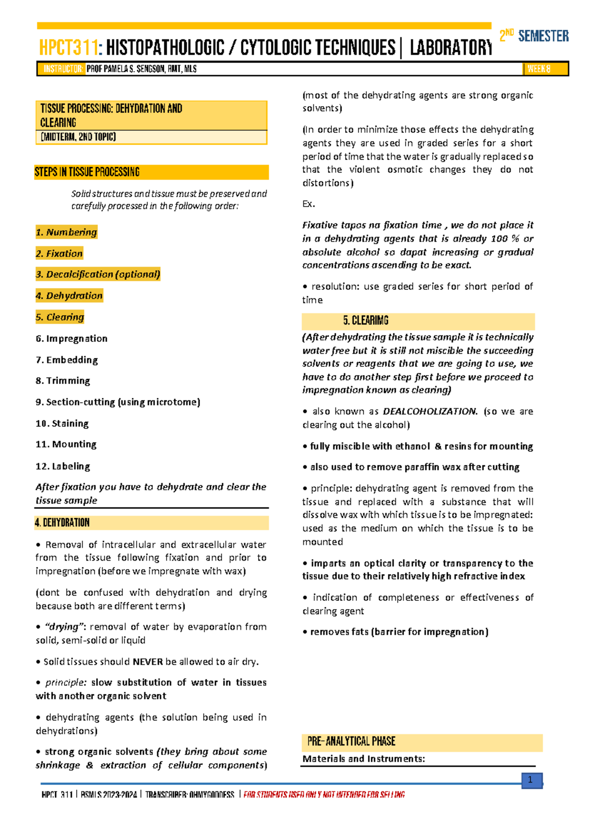 Tissue Processing: Dehydration and Clearing Techniques - Studocu