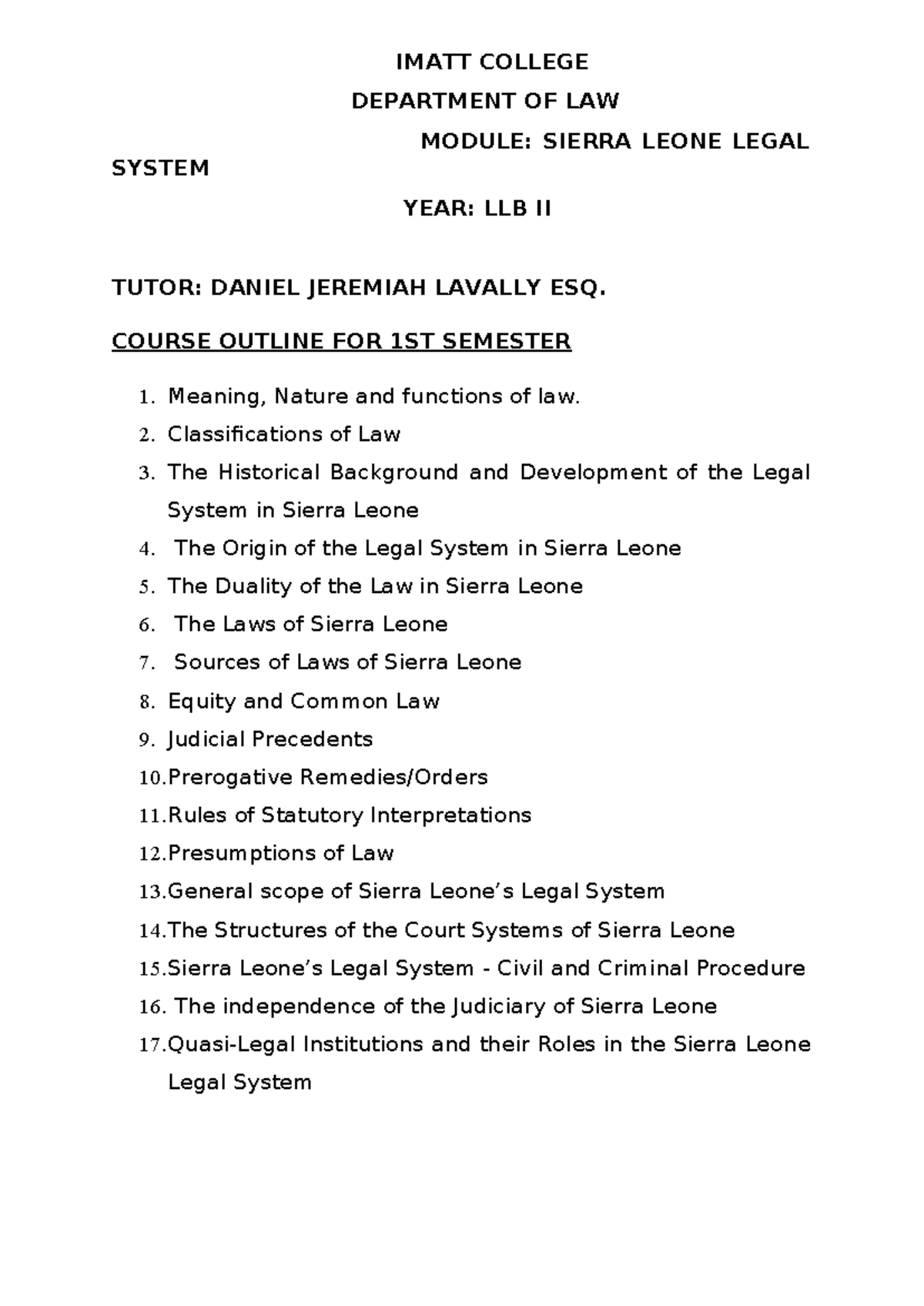 LLB II Lecture Notes on the Sierra Leone Legal System - Studocu