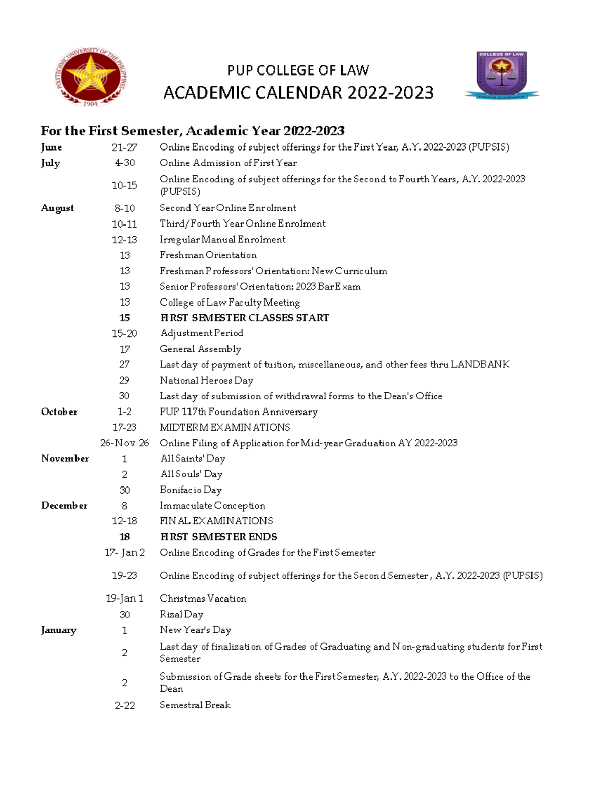 PUP COL Updated Academic Calendar AY 2022-2023 and Key Dates - Studocu