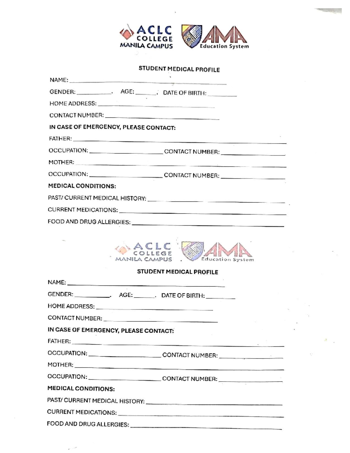 ACLC COLLEGE AMA MANILA CAMPUS Student Medical Profile Form - Studocu