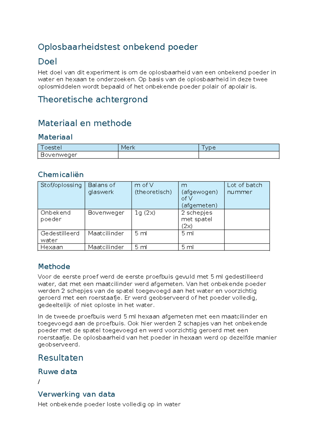 Oplosbaarheidstest onbekend poeder - Oplosbaarheidstest onbekend poeder ...
