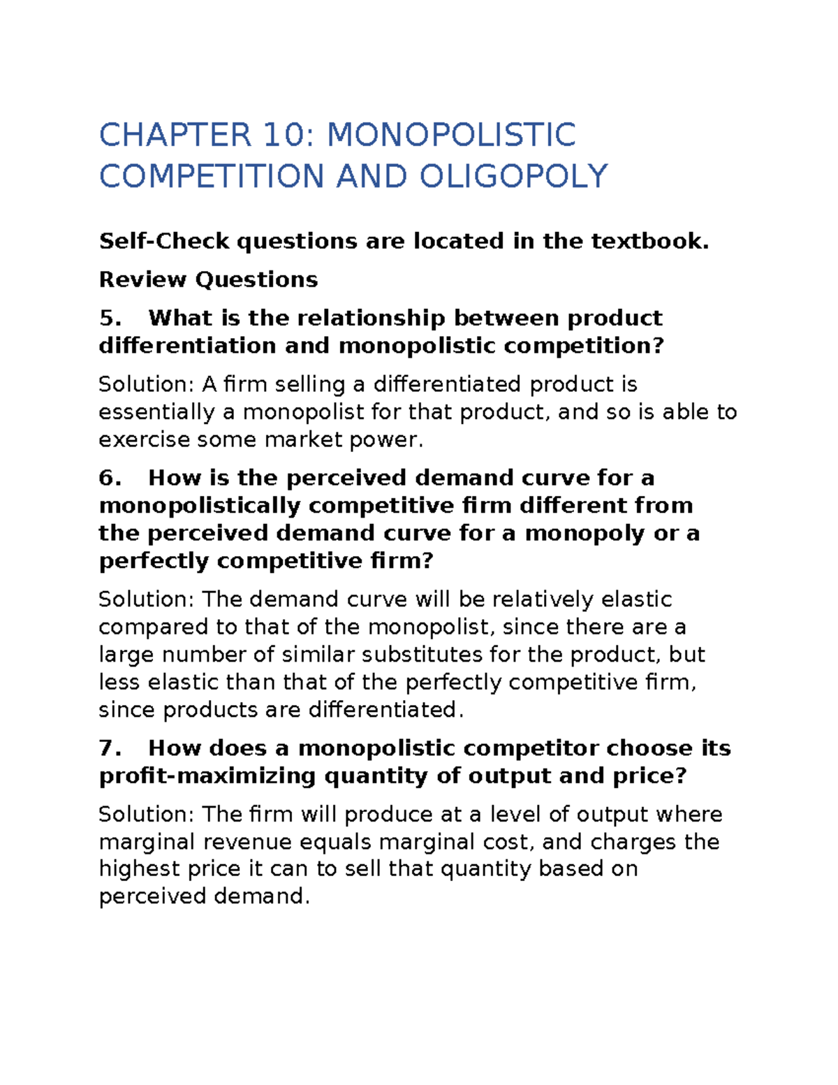 CHAPTER 10: Monopolistic Competition & Oligopoly Review Notes - Studocu