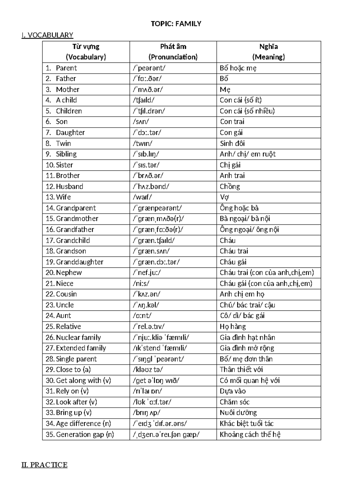 FAMILY VOCABULARY & PRACTICE - TOPIC: FAMILY - Studocu