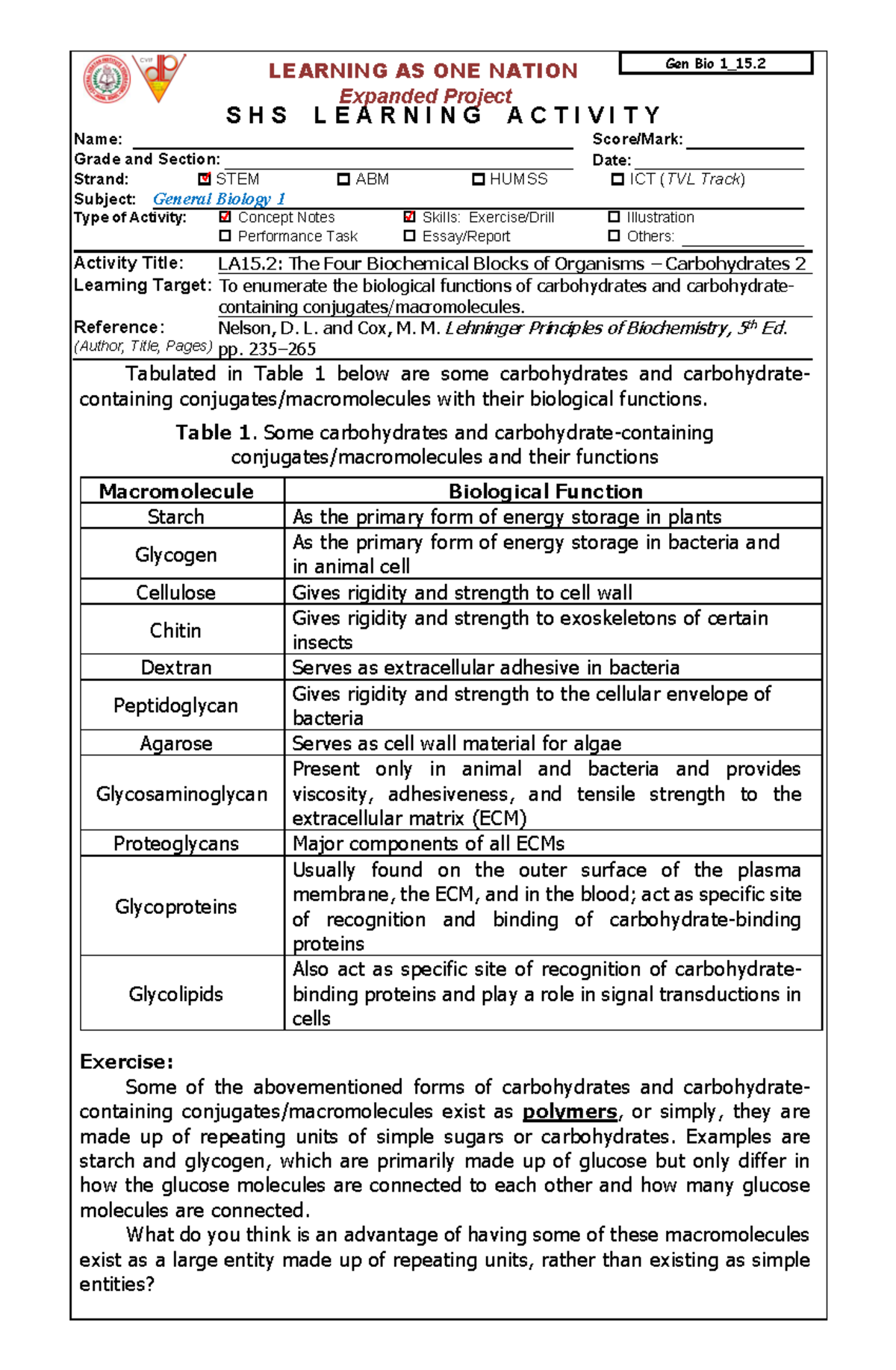 Gen Biology 1 LAS 15.2 The Four Biochemical Blocks of Organisms ...
