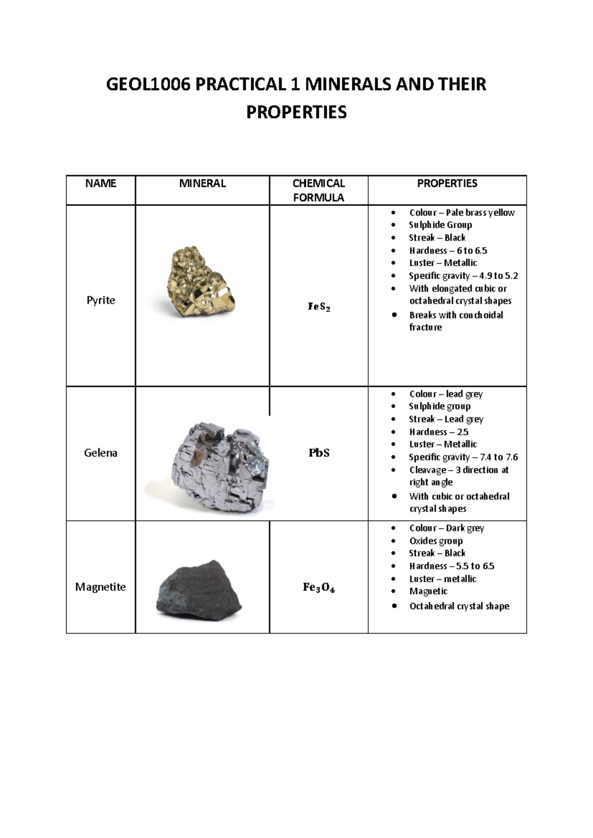 Geology Practical on Minerals: GEOL1006 Lab Work 1-3 - Studocu