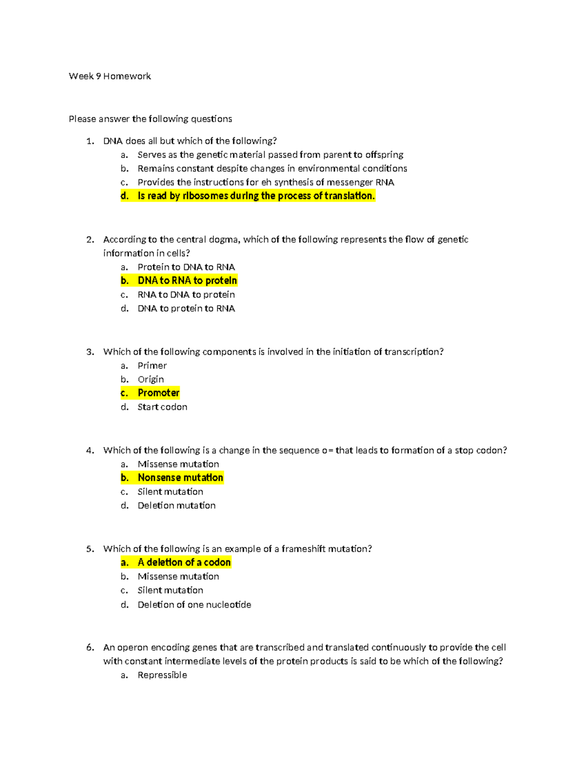 MBIO- Week 9 Homework - Micro HW - Week 9 Homework Please answer the ...