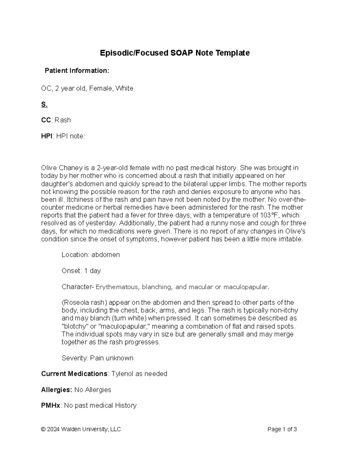 I-Human Assignment: Focused SOAP Note on Rash in 2-Year-Old Patient ...