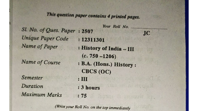 History of India (c. 750) - Question Paper 2507 & 2531 - Studocu