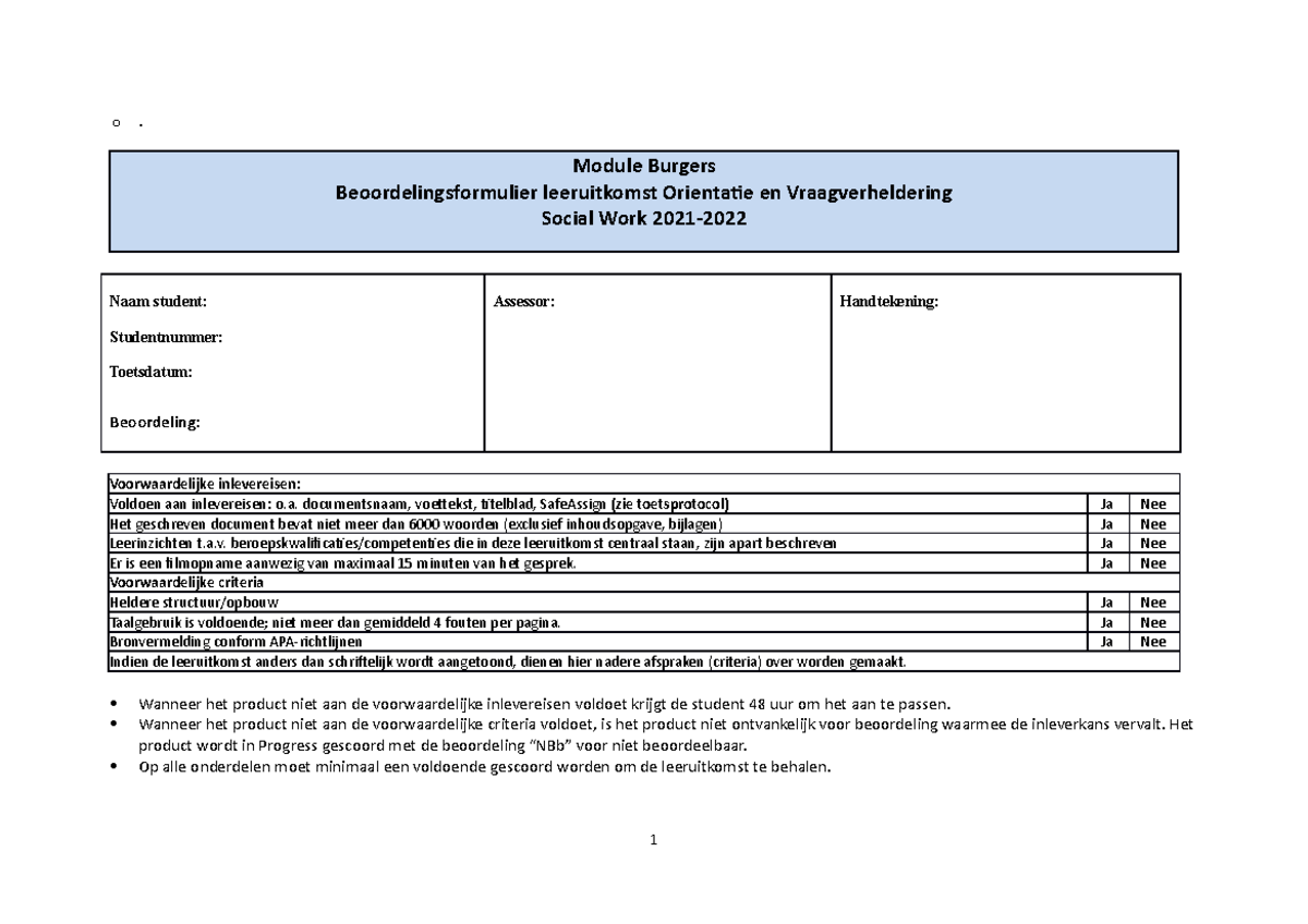 Beoordelingsformulier Module Burgers - Oriëntatie & Vraagverheldering (2021-2022) - Studeersnel