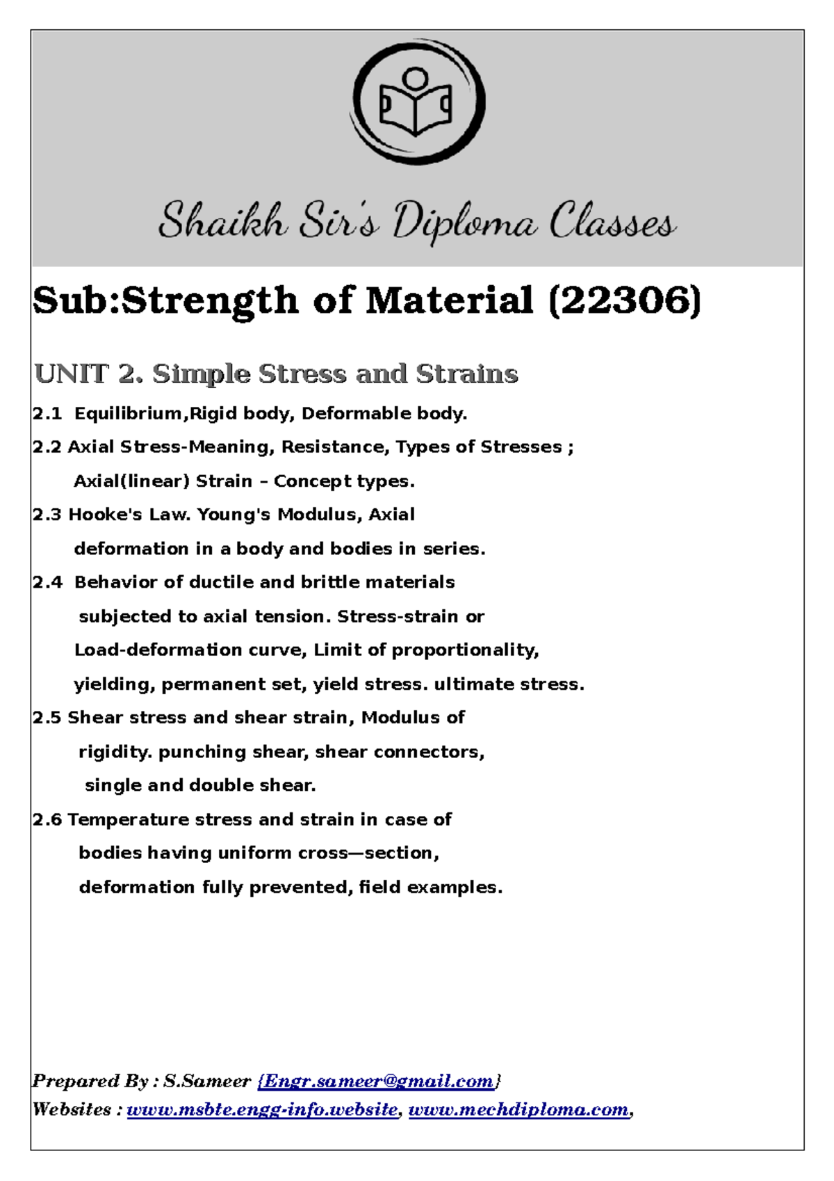 22306 Unit 2: Simple Stress and Strain Question Bank - Shaikh Sir Notes ...