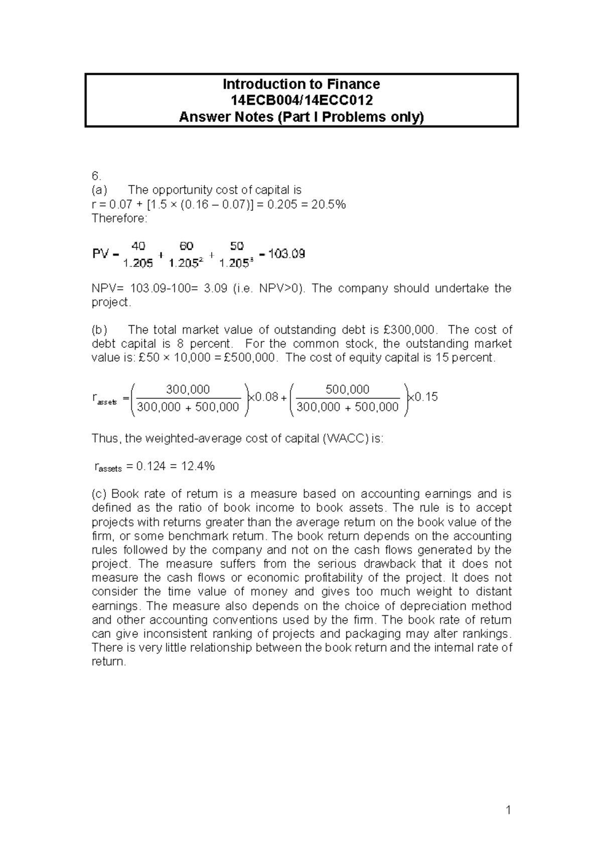 Finance Notes for Exam 14ECB004/14ECC012 - Problem Solutions - Studocu