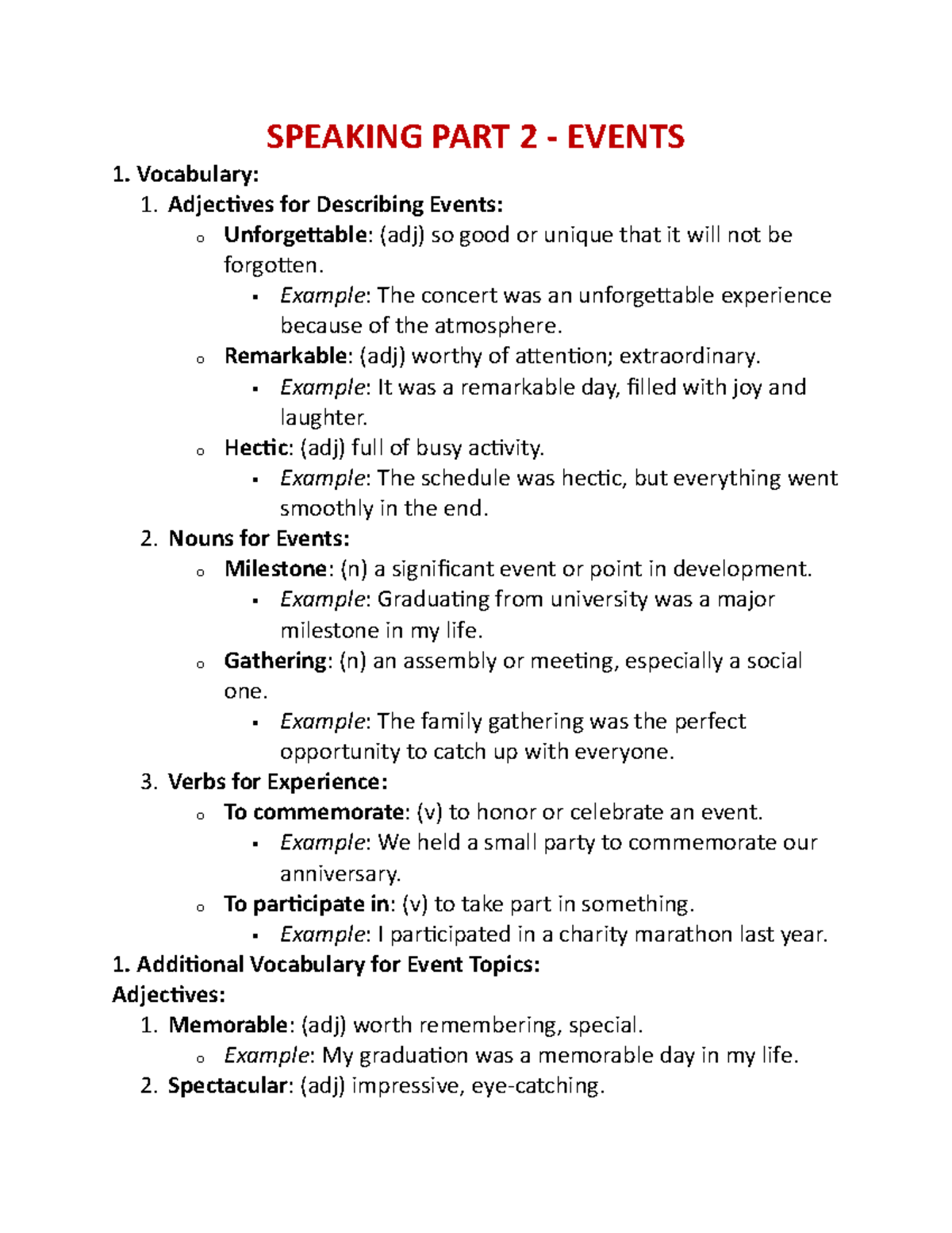 SPEAKING PART 2: Vocabulary for Describing Events and Experiences - Studocu