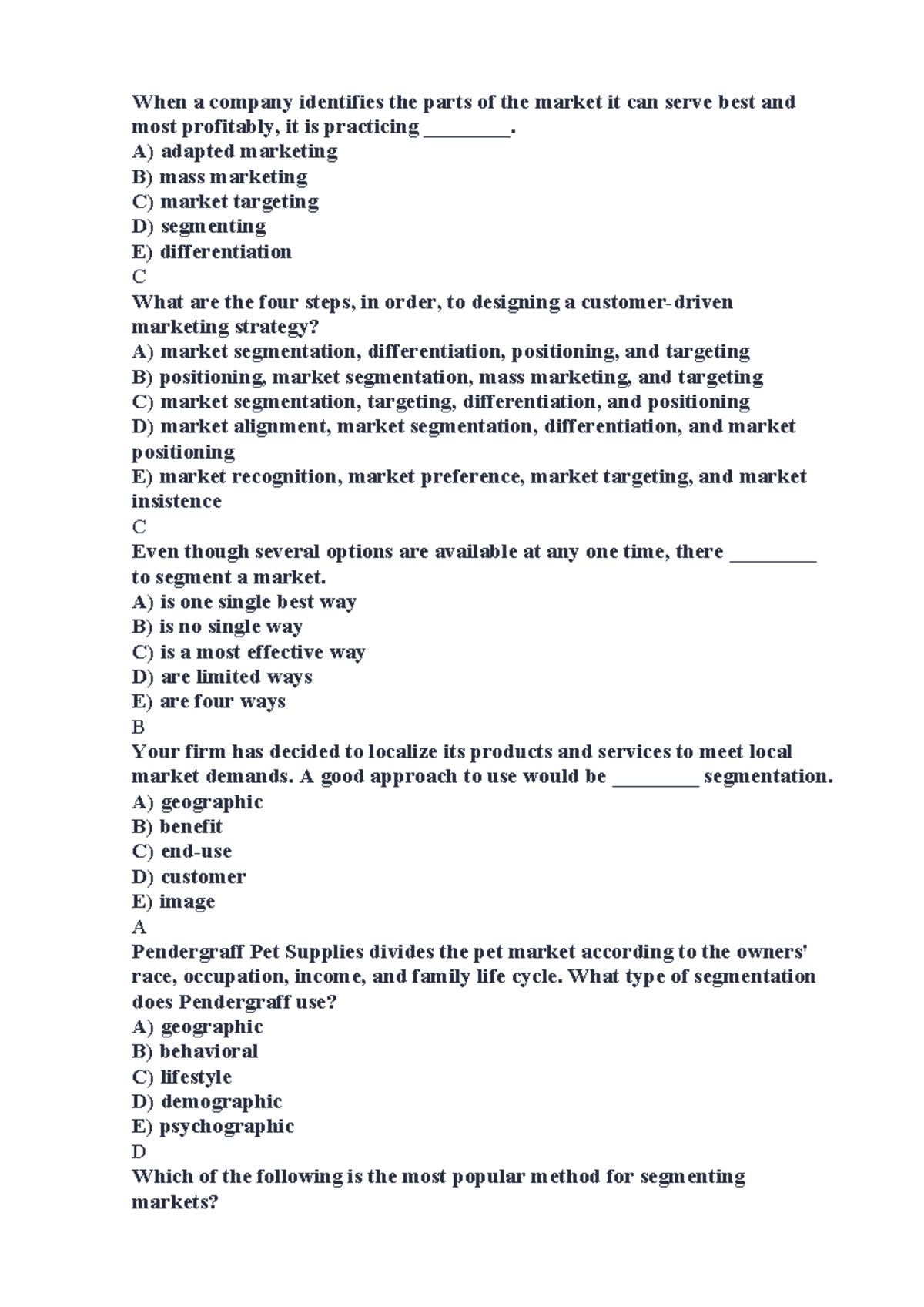 MKT101 Chapter 7 - Market Targeting and Segmentation Practice Notes ...