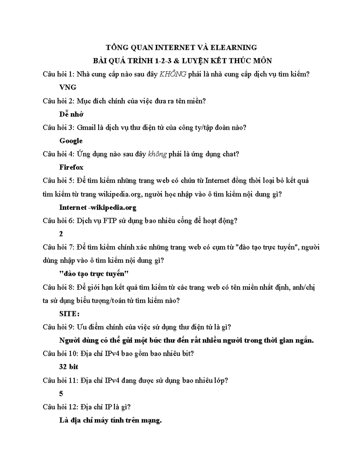 Tổng Quan Internet và Elearning: Câu Hỏi Ôn Tập Môn Ktqt 2023 - Studocu
