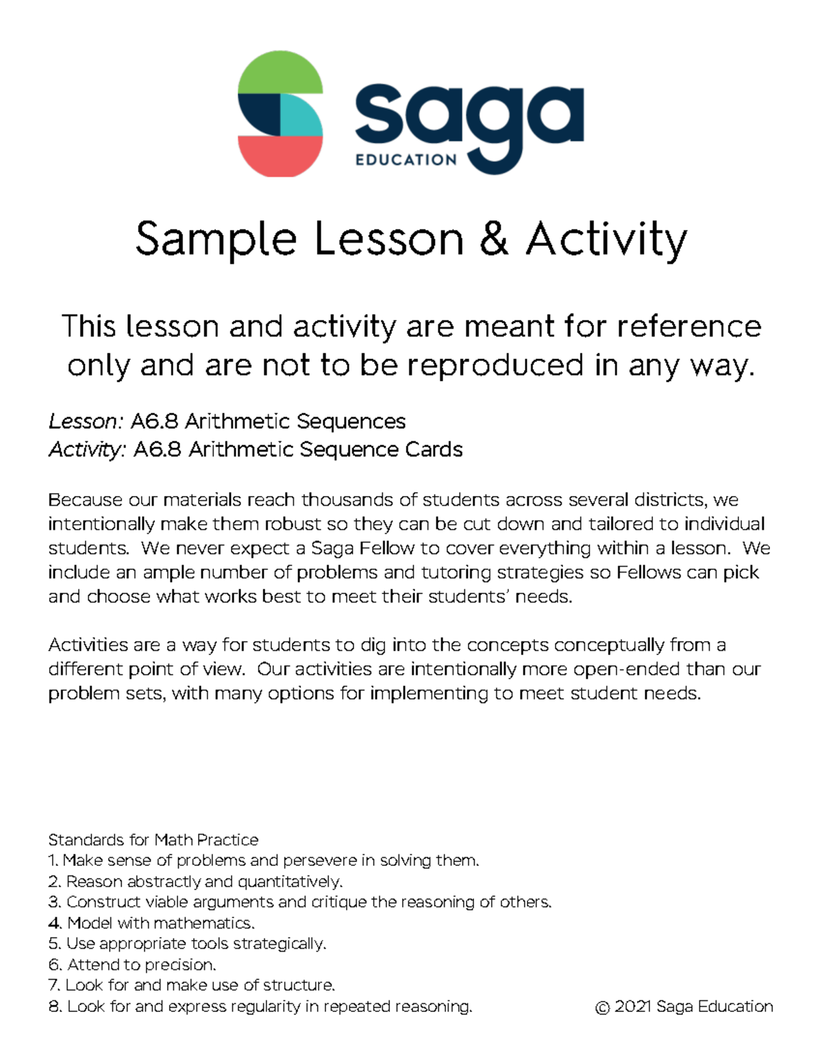 Sample Lesson Activity Saga Education - Standards for Math Practice 1 ...