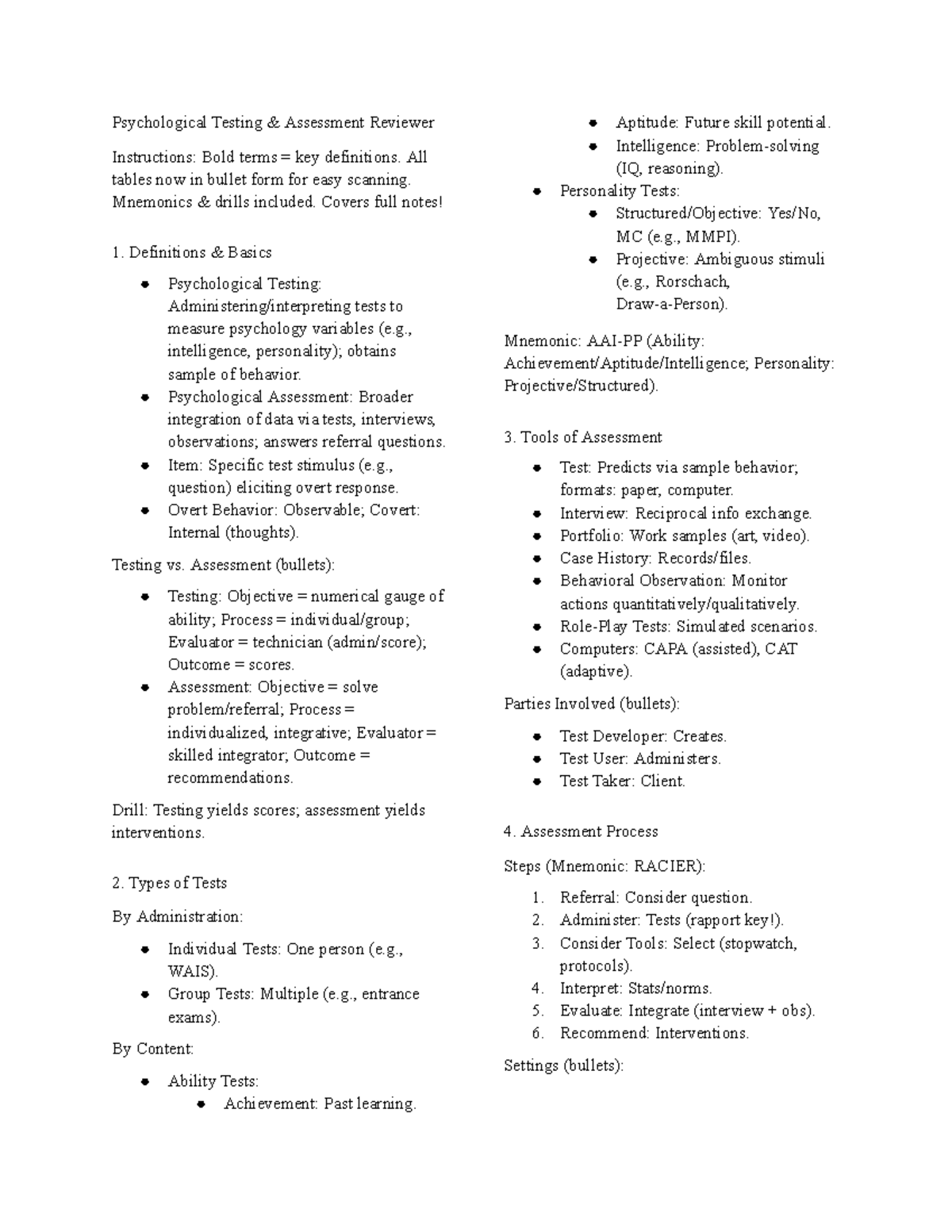 Psychological Testing & Assessment Review Guide (PSY 101) - Studocu