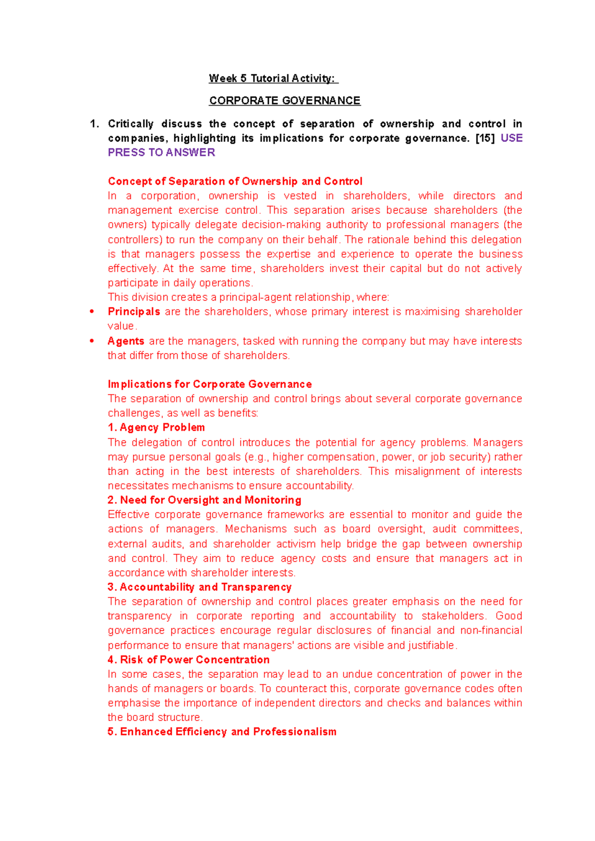 Corporate Governance Tutorial 5: Separation of Ownership & Control ...