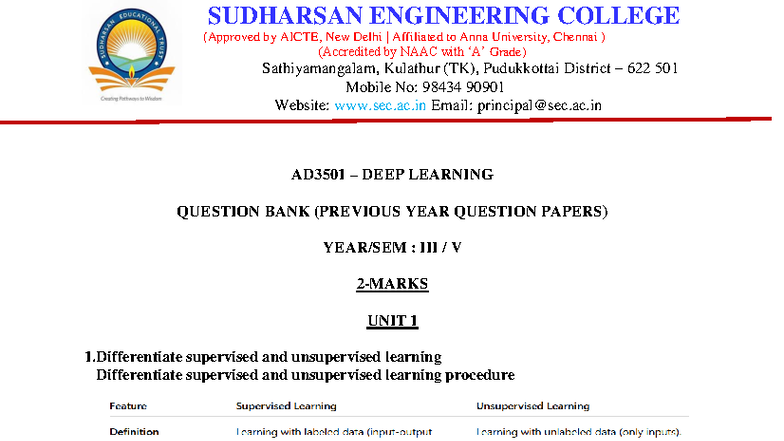 AD3501 DEEP LEARNING QUESTION BANK: V Units Overview and Key Concepts ...