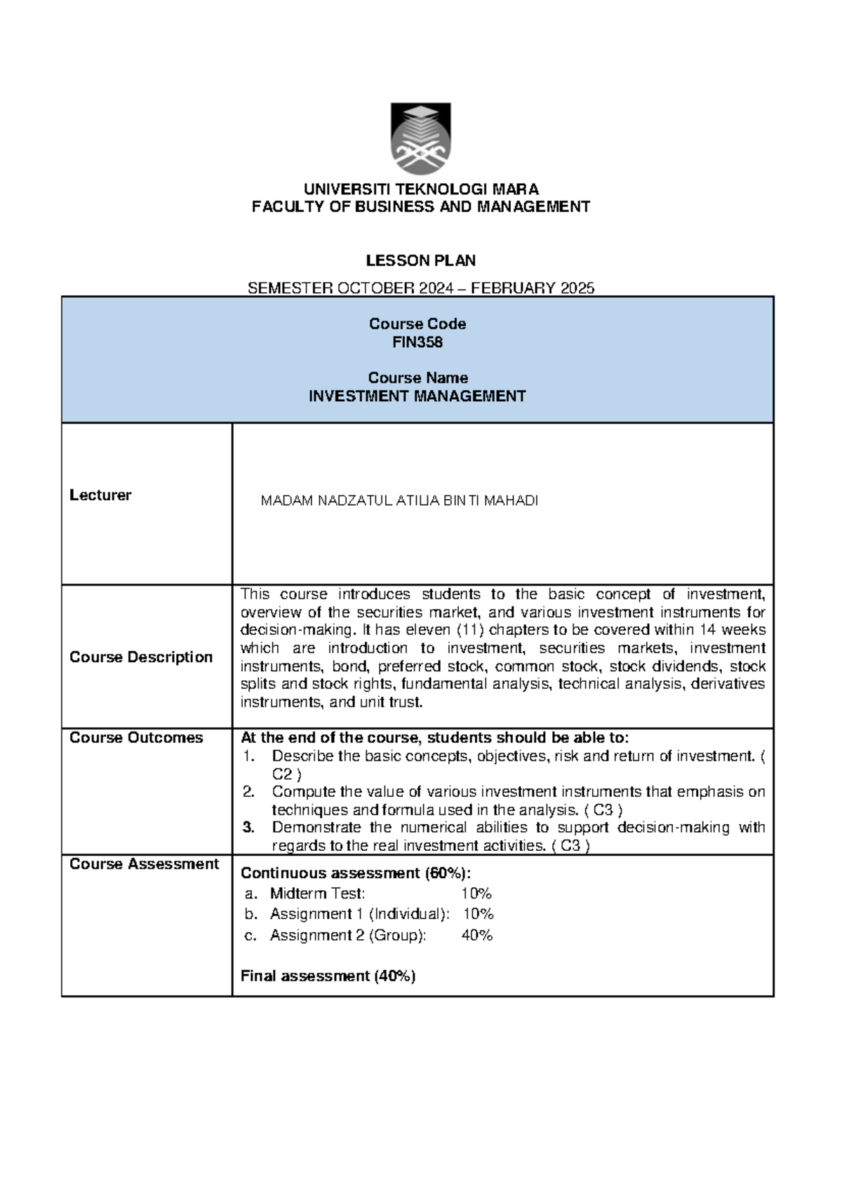 FIN358 Lesson Plan for Investment Management (Oct 2024 - Feb 2025 ...