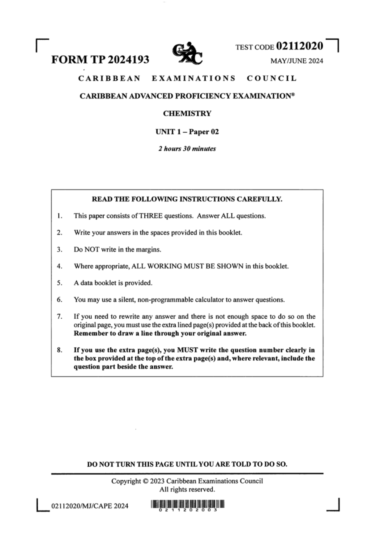 CAPE Chemistry Unit 1 Paper 02 Exam 2024 - Detailed Instructions and ...