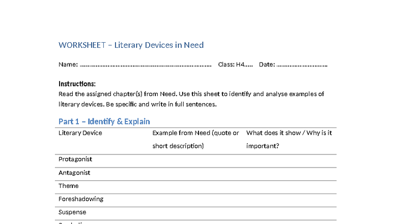 Worksheet on Literary Devices in 'Need' (LDL) - Studeersnel