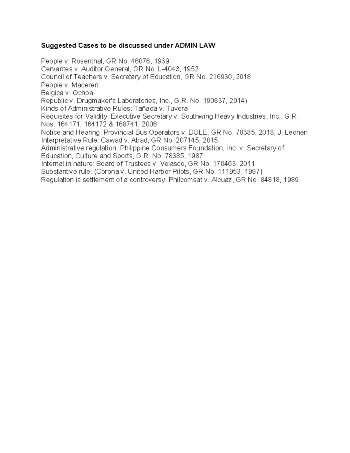 Suggested Cases to be discussed under Admin LAW - Suggested Cases to be ...